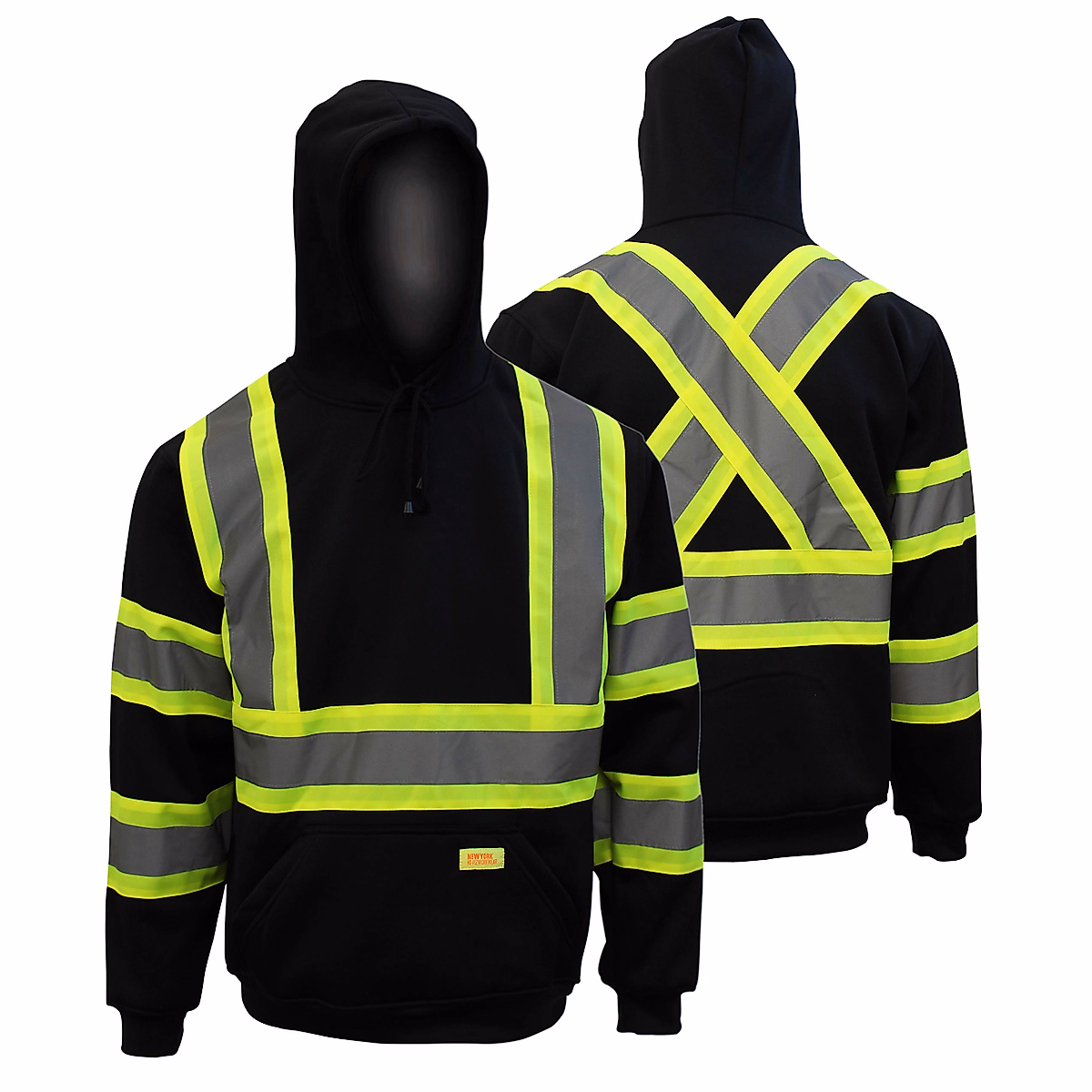 New York Hi-Viz Workwear H8313 Men's ANSI Class 1 High Visibility Sweatshirt, Hooded Pullover, Knit Lining (2XL, Black, 1ea)