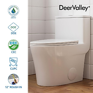 DeerValley DV-1F52807 Symmetry One Piece Toilet Elongated, Small Toilet Compact Modern One Piece Toilet with Soft Close Toilet Seat Ceramic Glossy White Toilets Single Flush for Small Bathroom Space