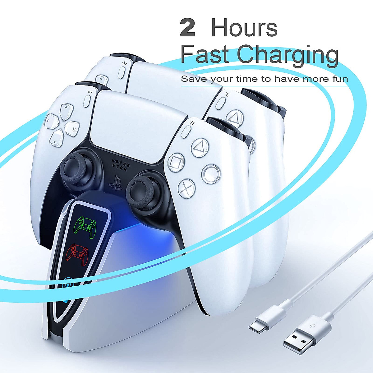 PS5 Controller Charging Station, PS5 Controller Charger Built-in Chargering Intelligent Protection Module and Charge Remind LED ，PS5 Fast Charging Dock Station for Playstation 5 Dualsense Controller