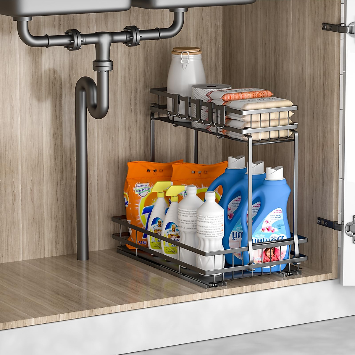Under Sink Organizers and Storage, MEGAGURU 2-Tier L-Shape Heavy Duty Metal Pull Out Cabinet Organizer for Under Sink Organizer, Multi-Purpose for Under Kitchen Bathroom Sink Organizers and Storage