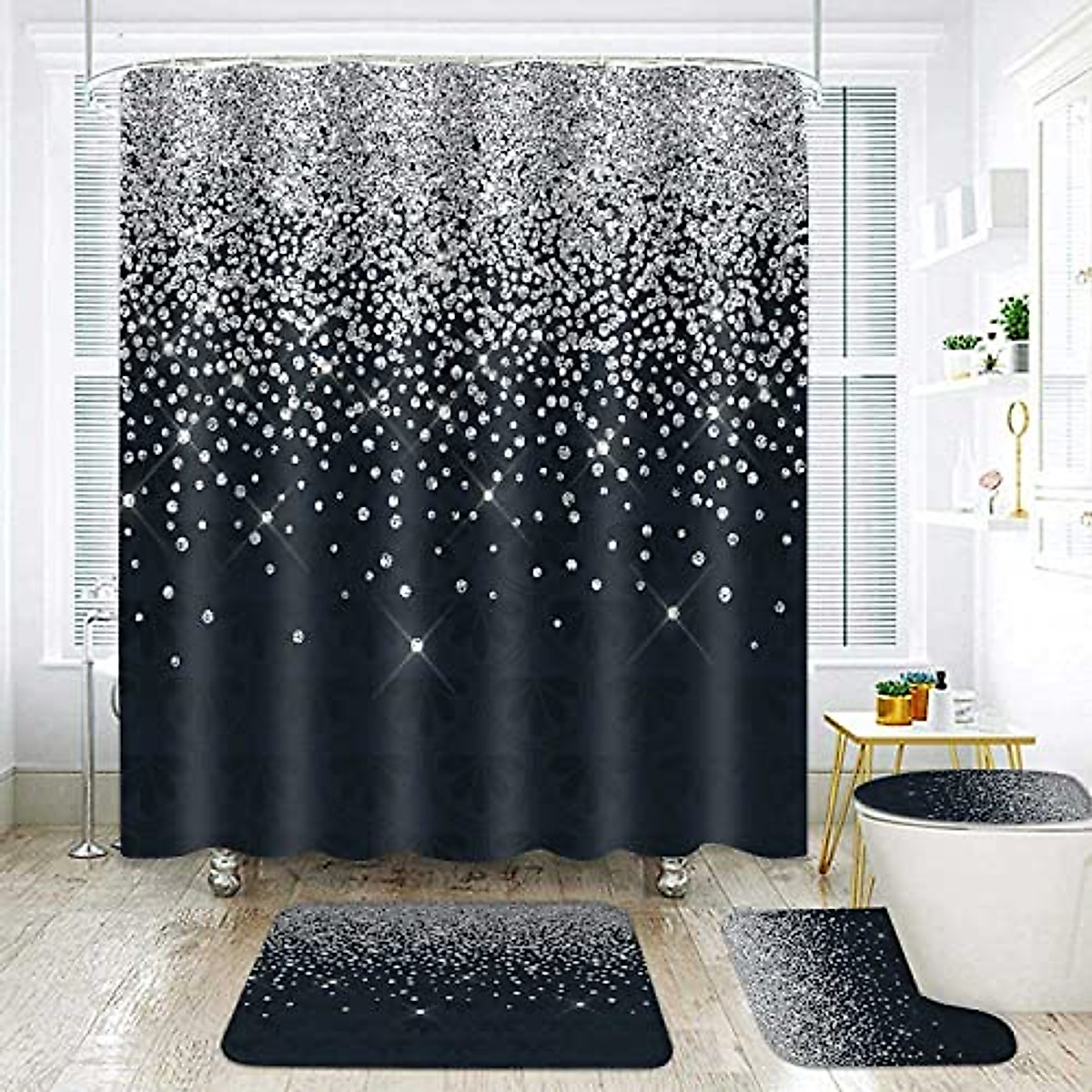 TERSUM Silver Gray Bokeh Diamond Shower Curtain Set,4PCS Bathroom Sets with Shower Curtain and Bath Mat, Toilet Lid Cover and U Shaped Rugs,72"x72" Polyester Fabric Bathtub Curtain with Hooks SETGXTE2