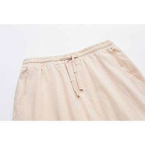 SIR7 Men's Linen Casual Classic Fit 11 Inch Inseam Elastic Waist Shorts with Drawstring Beige X-Large