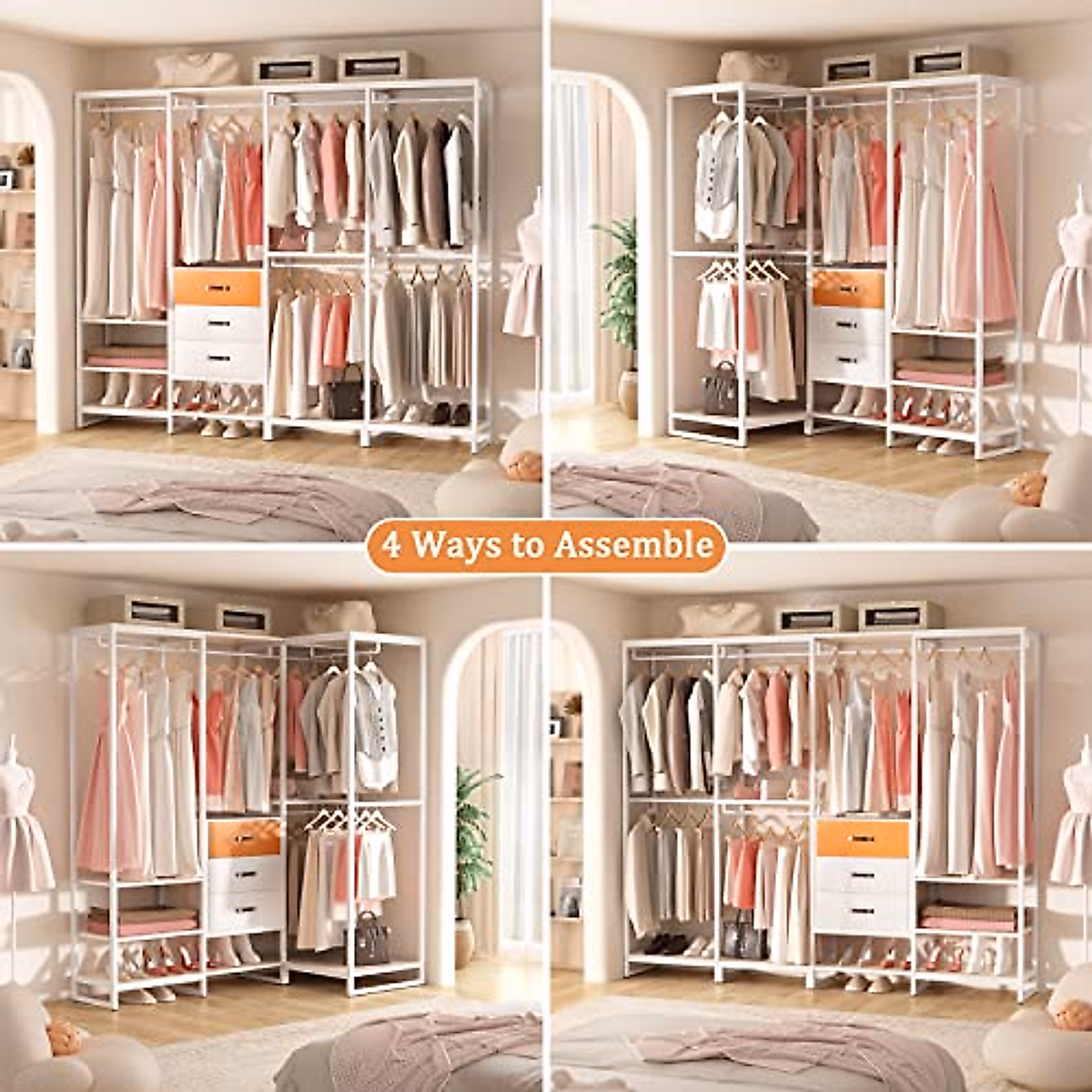 Cyclysio 84'' Heavy Duty Closet System, Large Wooden Garment Rack, L Shape Corner Walk-in Closet, Clothing Rack with Shelves, Closet Organizer System with 11 Shelves, 3 Wood Drawers, 6 Rod, White