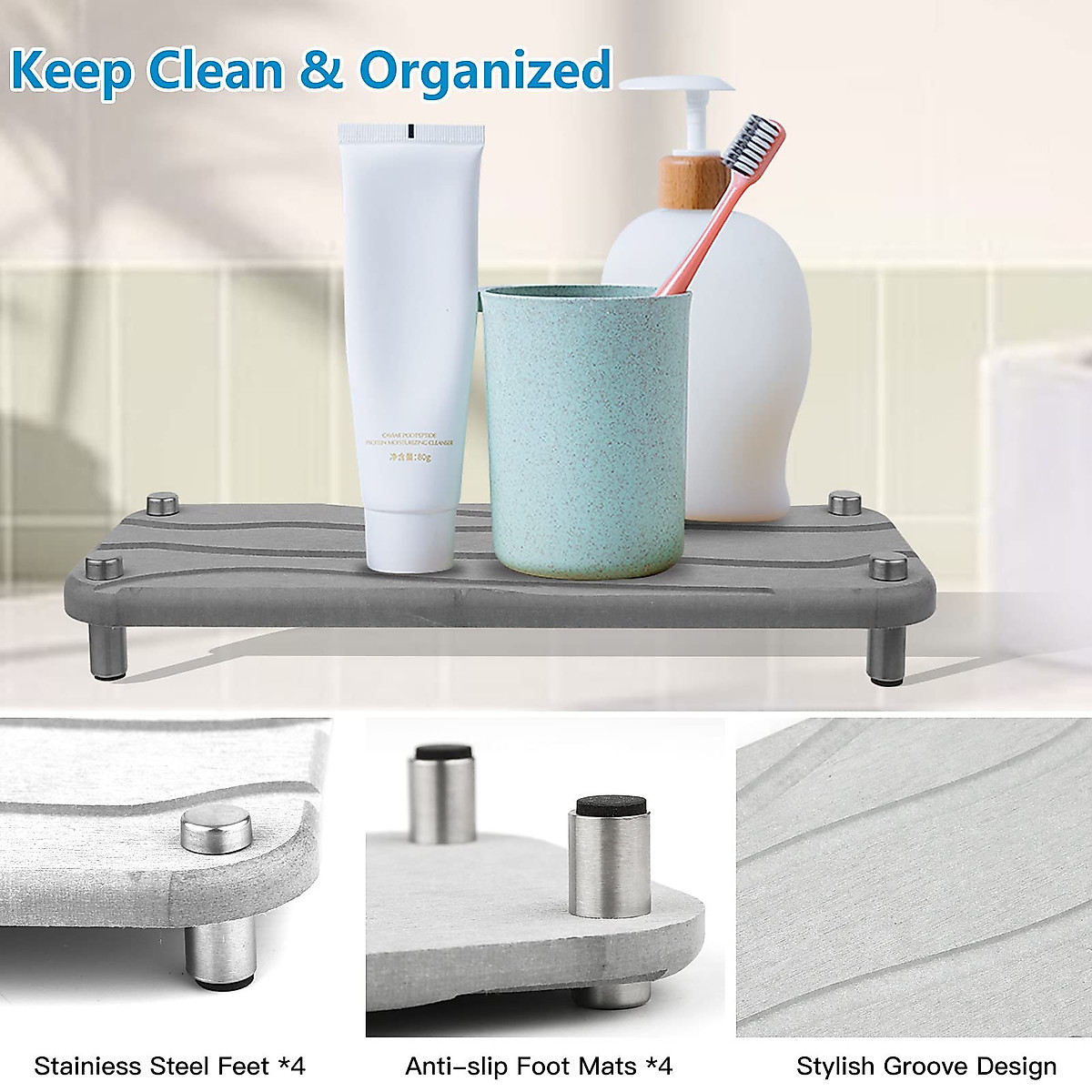 TGIFGO Instant Dry Sink Organizer Water Absorbing Stone Tray for Sink Fast Drying Sink Caddy Use for Kitchen Bathroom Vanity Countertop Natural Diatomaceous Prevent Moisture Buildup (Gray, Oval)