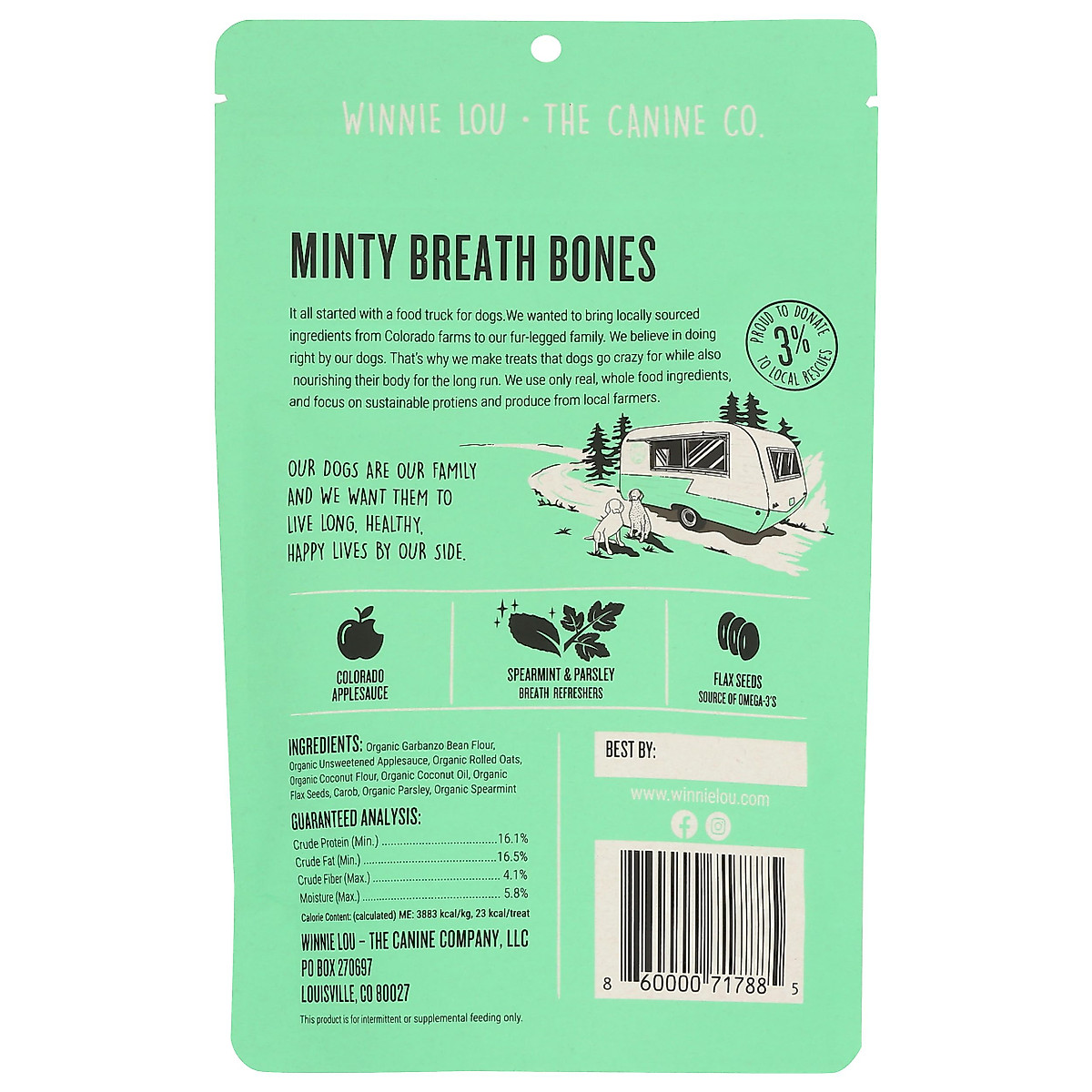 Winnie Lou Minty Breath Bones - Organic Healthy Dog Treats Made in The USA with Spearmint, Parsley, Spirulina for Fresh Breath - Human Grade Dog Biscuits Sourced from Local Colorado Farms, 2 Pack