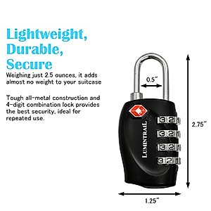Lumintrail TSA Approved Locks, 4 Digit Combination Luggage Locks TSA Approved, Travel Locks for Luggage & Suitcase with 4-FT Steel Cable, Black, 2 Pack