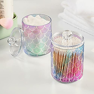 2 Pack Qtip Holder Dispenser for Cotton Ball Rainbow Scales Mermaid Cotton Swab Cotton Round Pads Clear Plastic Acrylic Jar Set Bathroom Canister