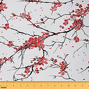 Cherry Blossom Fabric by The Yard, Japanese Style Upholstery Fabric, Romantic Floral Decorative Fabric, Watercolor Flower Branch Fabric, Upholstery and Home Accents, Red Black, 1 Yard