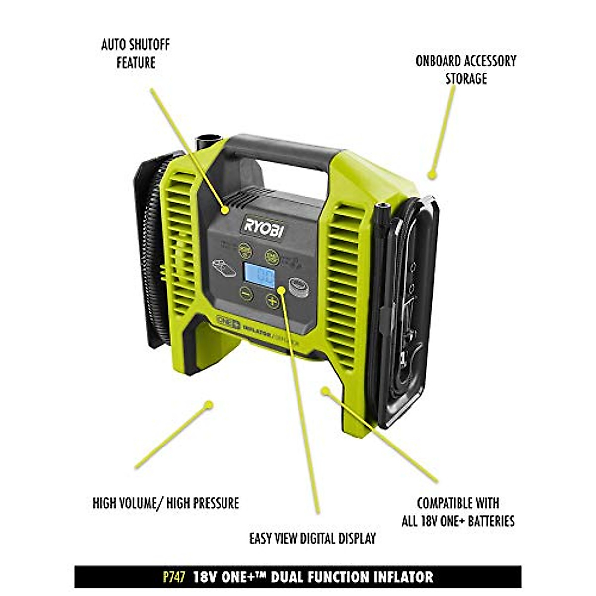RYOBI P747-P163 18-Volt ONE+ Dual Function Inflator/Deflator with 2.0 Ah Battery and Charger