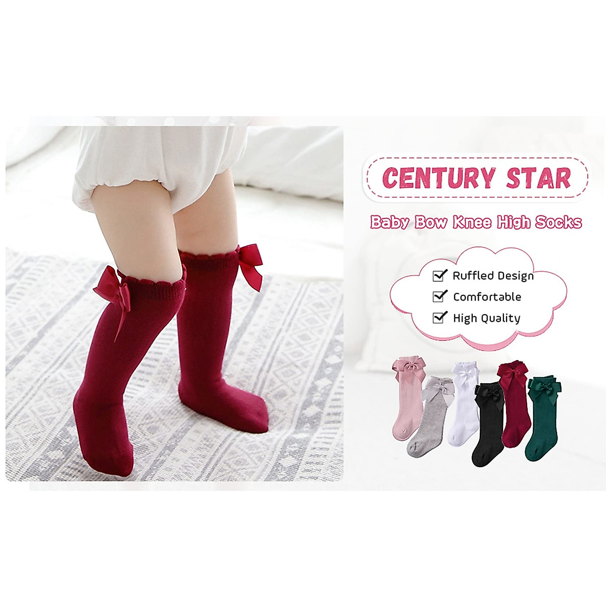 Century Star Baby Girls Bow Knee High Socks Toddlers Ruffled Tube Socks Infant School Uniform Leggings Long Stockings 05Pcs White&Black&Pink&Grey&Red 6-18 Months