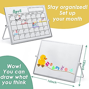 Dry Erase White Board,16”X12” Large Magnetic Calendar Whiteboard with Stand, 9 Markers, 4 Magnets,1 Eraser, Double-Sided Portable Whiteboard Easel for Office, Students Memo to Do List