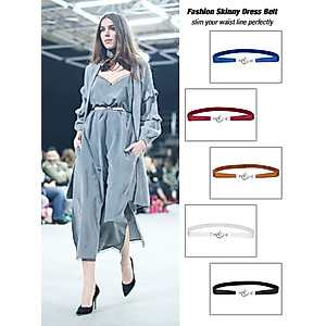 JOVITEC 5 Pieces Women Skinny Elastic Waist Belt for Dress Retro Stretch Cinch Adjustable Thin Belt Metal Buckle