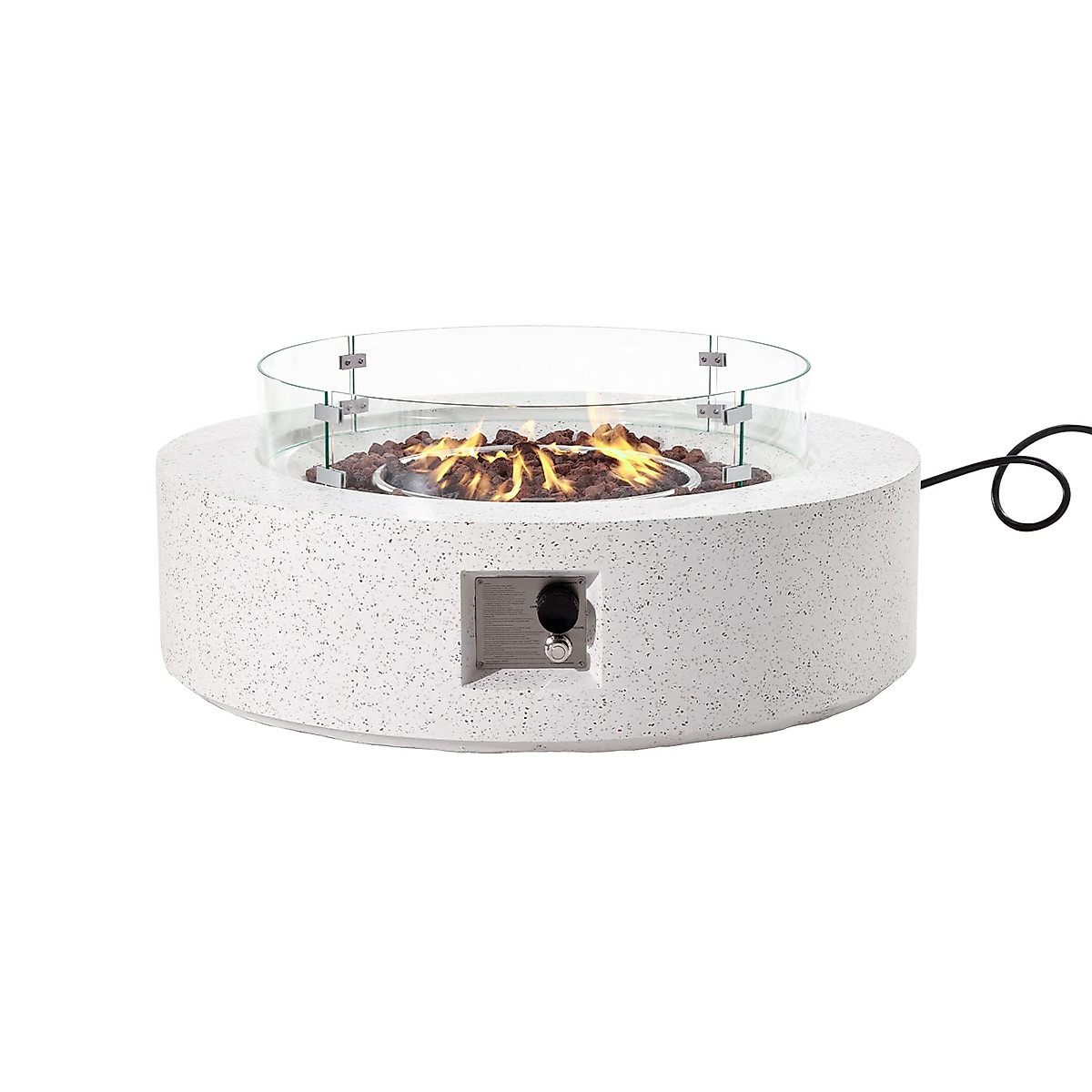 HOMPUS Propane Patio Fire Pit Table with Wind Guard, Lava Rocks and Rain Cover for Outdoor Leisure Party, 50,000 BTU 42-inch Round White Sandstone Concrete Fire Table