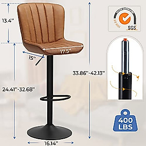 DICTAC Bar Stools Set of 2 Brown Leather, Swivel Bar Chairs Set of 2, Counter Height Barstools for Kitchen Island, Capacity 400lbs