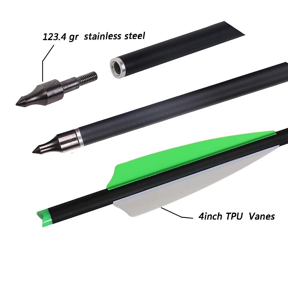 TOPARCHERY 12pcs Crossbow Arrows Crossbow Bolts 20 inch Hunting Archery Crossbow Carbon Arrows with 4 inch Vanes and Replaced Arrowhead/Tip (A Green white 20'')