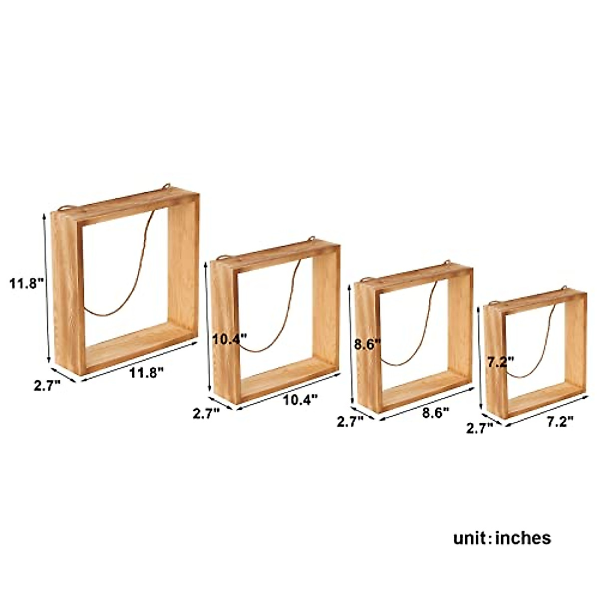 Square Floating Shelves,Rustic Wall Mounted Wood Cube Display Shelf Shadow Boxes,Large Wooden Wall Organizer Hanging Shelf,Home Office Boho Wall Decorations for Living Room Bedroom,Brown,Set of 4