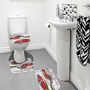 4 Pcs Christmas Shower Curtain Sets with Rugs Red Truck with Xmas Tree Snowmen Farmhouse Shower Curtain Waterproof Bathroom Set with Hooks Toilet Lid Cover Bath Mat