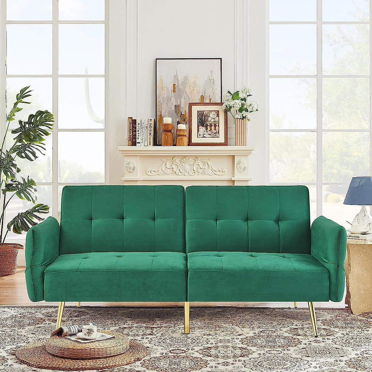 Anwick Velvet Convertible Futon Sofa Bed, Memory Foam Futon Couch Sleeper Sofa, Modern Loveseat Sofa with Adjustable Backrest and Armrests for Home Living Room Office (Green)