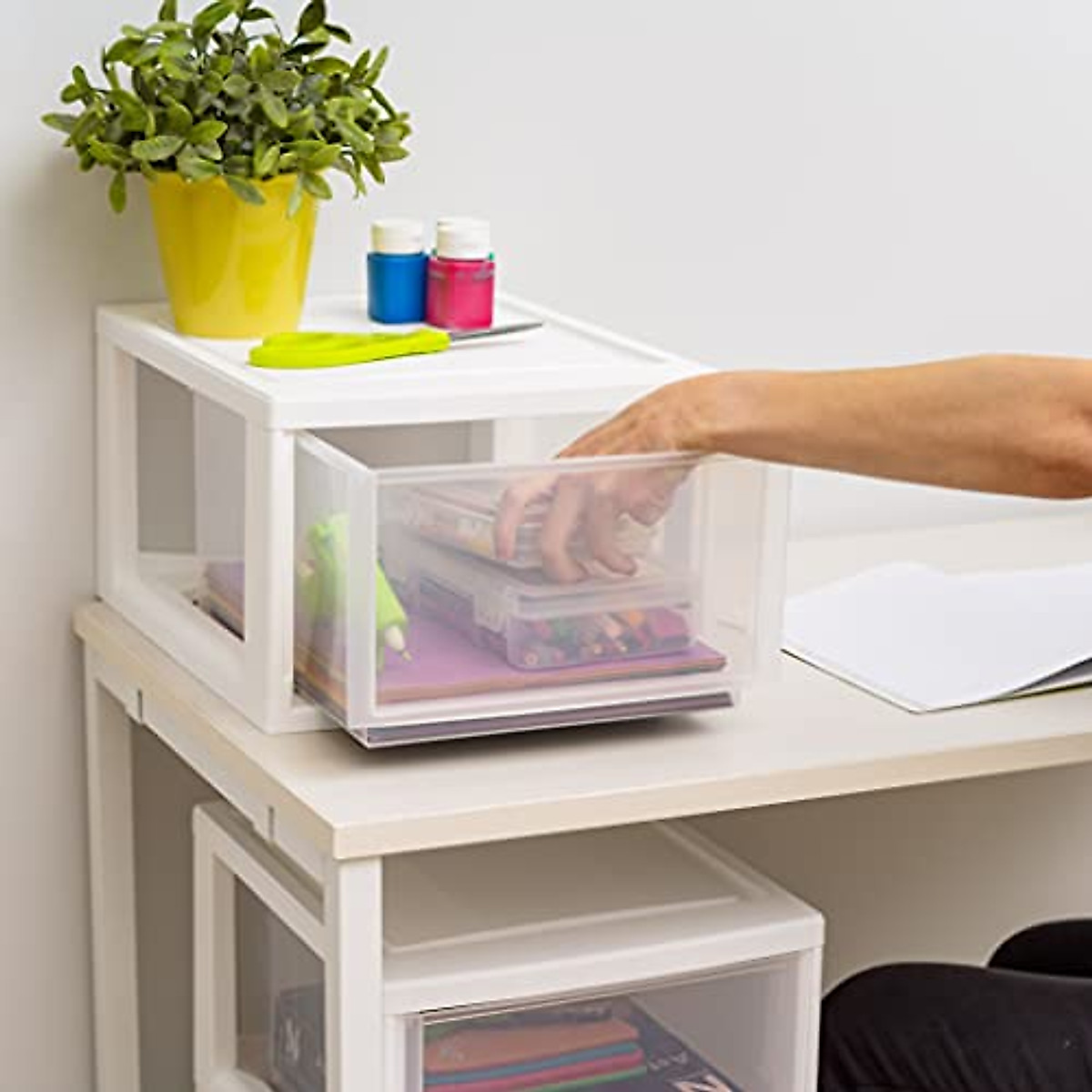 IRIS USA 14.5 Qt. Medium Plastic Stacking Drawer, Stackable Storage Organizer Unit with Sliding Drawer for Bedroom Kitchen Under Sink Pantry Craft Room Dorm Office, White, 3-Pack