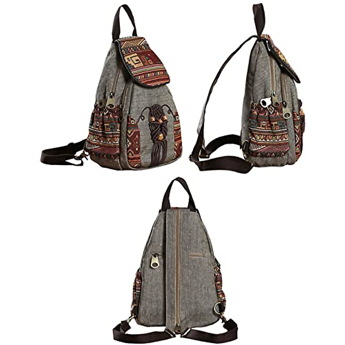 POPUCT Cotton Boho Small Backpack Fashion Hand Knitting Mini Chest Bag for Women and Girls(brown)