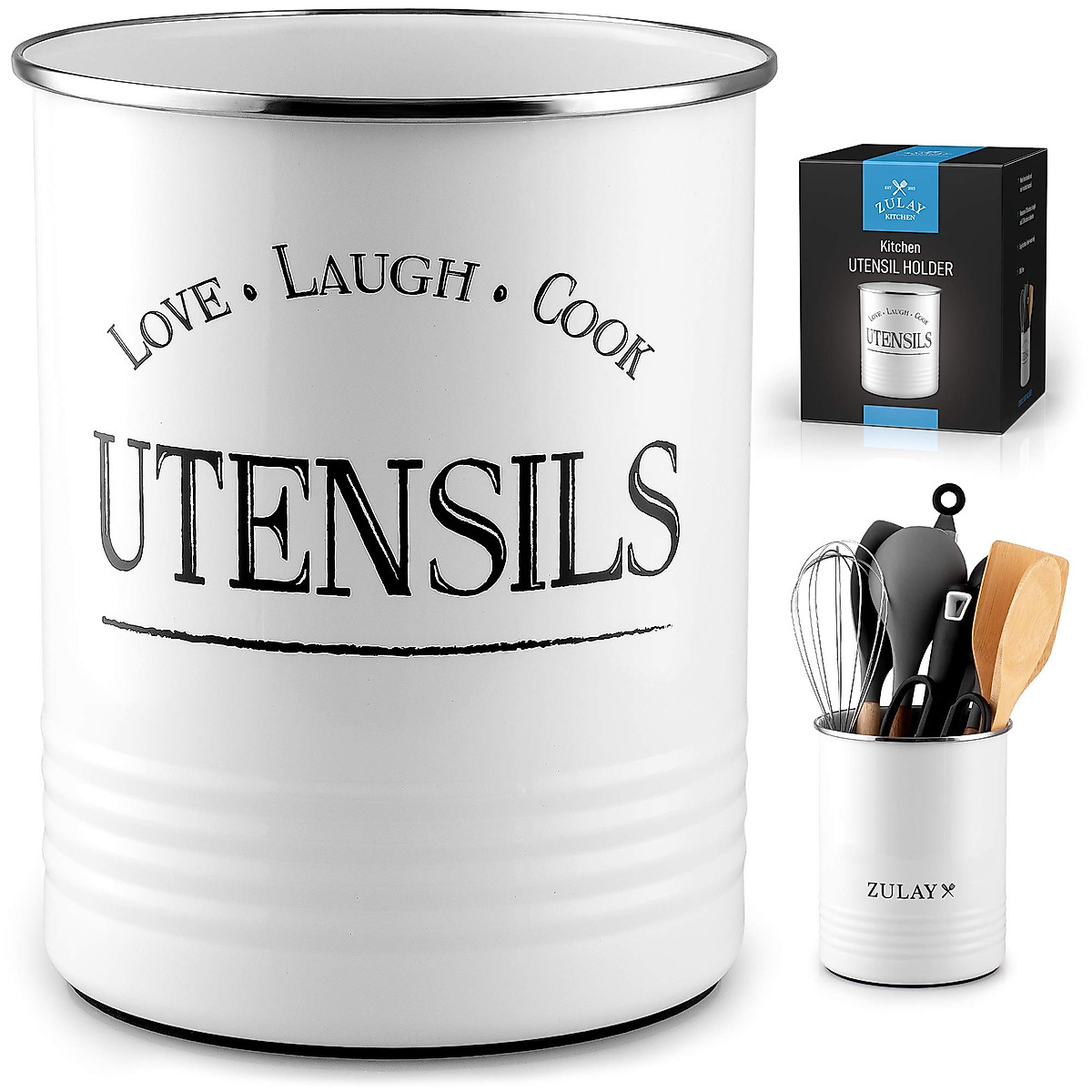 Zulay Large Utensil Crock Storage Organizer - Kitchen Utensil Holder For Countertop With Padded Base - Large Utensil Holder With Rustic Farmhouse Design For Home & Kitchen Decor (White)