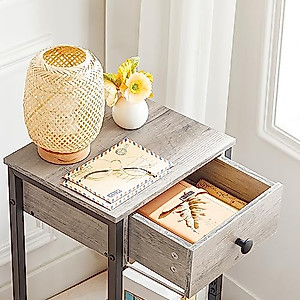 HOOBRO Tall Side Table, Nightstand, End Table with Drawer and Storage Shelf, Industrial End Telephone Table, for Study, Bedroom, Space Saving, Greige and Black BG71BZ01