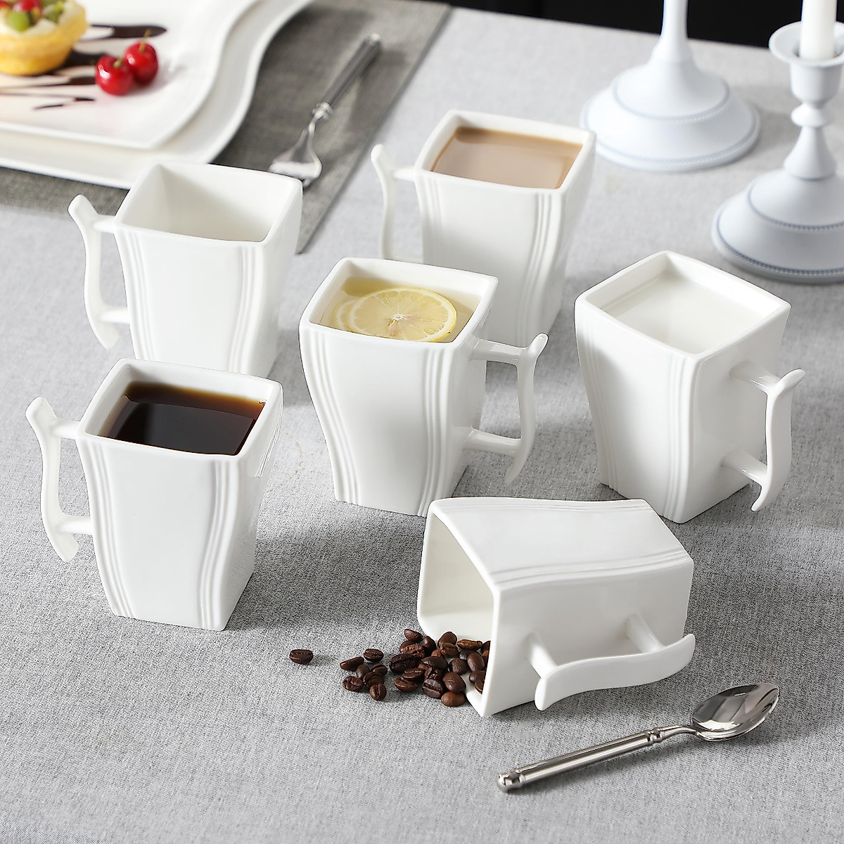 MALACASA Coffee Mugs, Porcelain Mug Set of 6, Square 11 oz White Coffee Cups with Handles for Man Woman, Modern Ceramic Mugs Set for Coffee, Latte, Cappuccino, Tea, Milk, Mocha, Cereal, Series FLORA