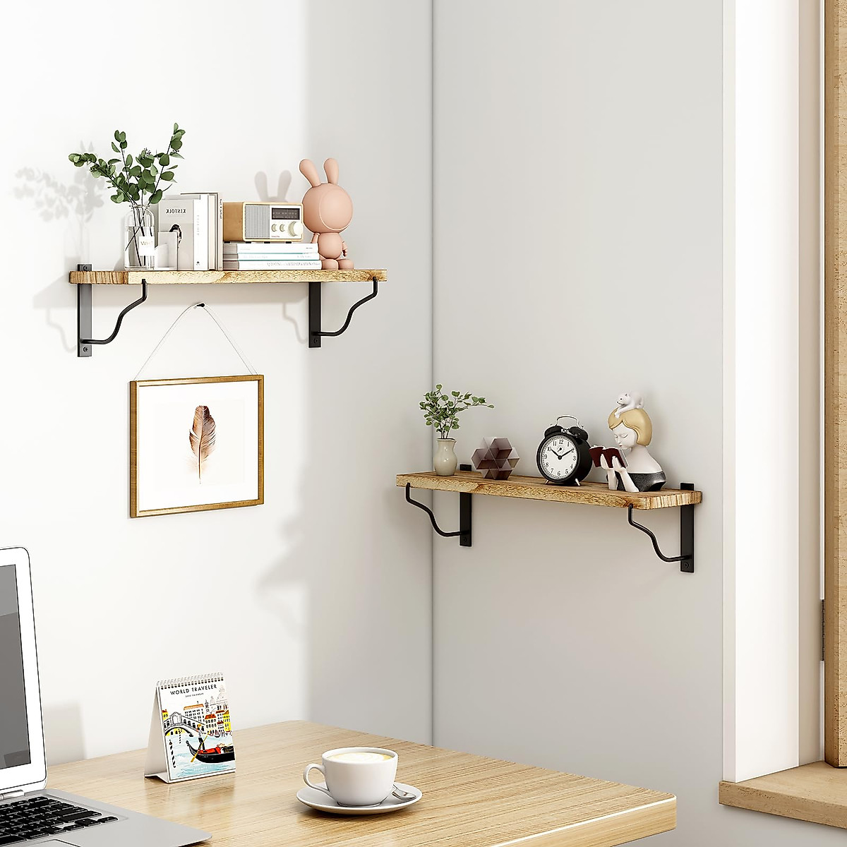 Inforth Wall Shelves, Wood Wall Mounted Shelves for Wall Storage, Floating Shelves for Wall Display with Metal Bracket, Hanging Shelves for Bedroom Kitchen Living Room (Wooden, 17 Inches)