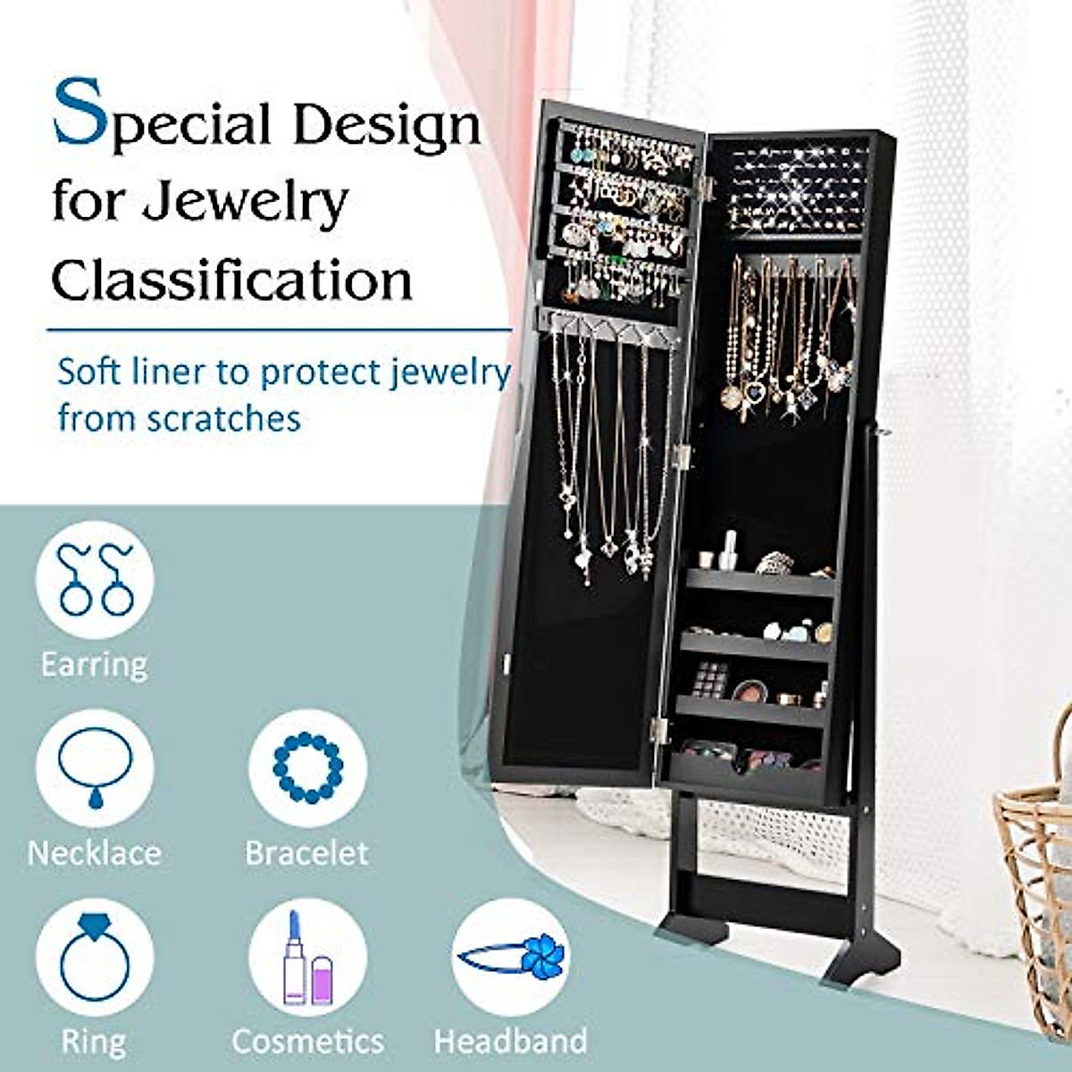Giantex Jewelry Cabinet with Full-Length Mirror, Standing Jewelry Armoire Organizer with 64 Earring Slots, 20 Necklace Hooks, 72 Ring Slots, 4 Shelves for Makeup, 3 Angel Adjustable (Black)