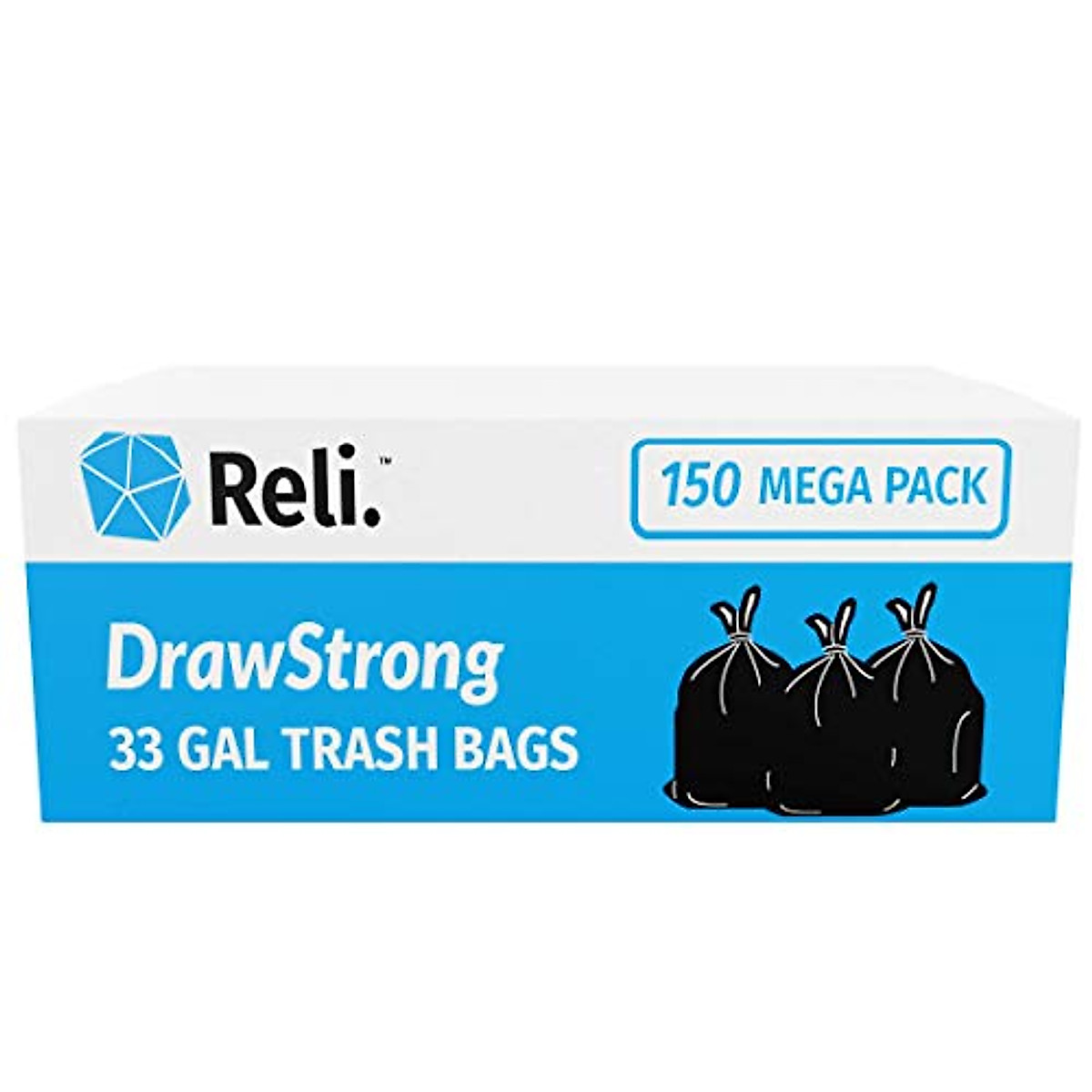 Reli. 33 Gallon Trash Bags Drawstring | 150 Count | Black | 33 Gallon Garbage Bags Heavy Duty | Large 33 Gal