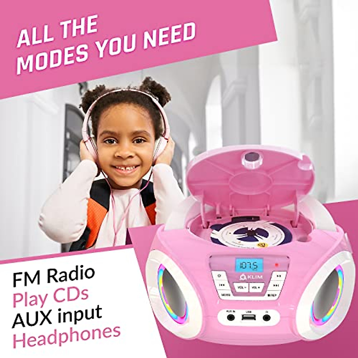 KLIM Candy Kids Portable CD Player for Kids - New 2023 - FM Radio - Batteries Included - CD Boombox for Kids - Cute Pink Radio cd Player with Speakers for Kids and Toddlers - Pink