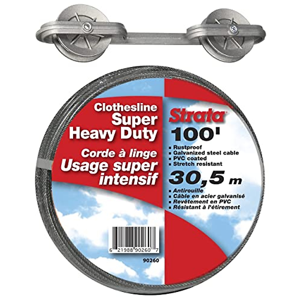 Strata 10" Metal Spacers/Wheels for Clothesline and Strata 100 Feet Clothesline Outdoor Heavy Duty Galvanized Wire Steel Cable, Silver PVC Coating - Clothes Line Wires for Outside Laundry Drying