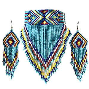 Native Style Seed Beads Beaded Choker Bib Statement Necklace (Blue)