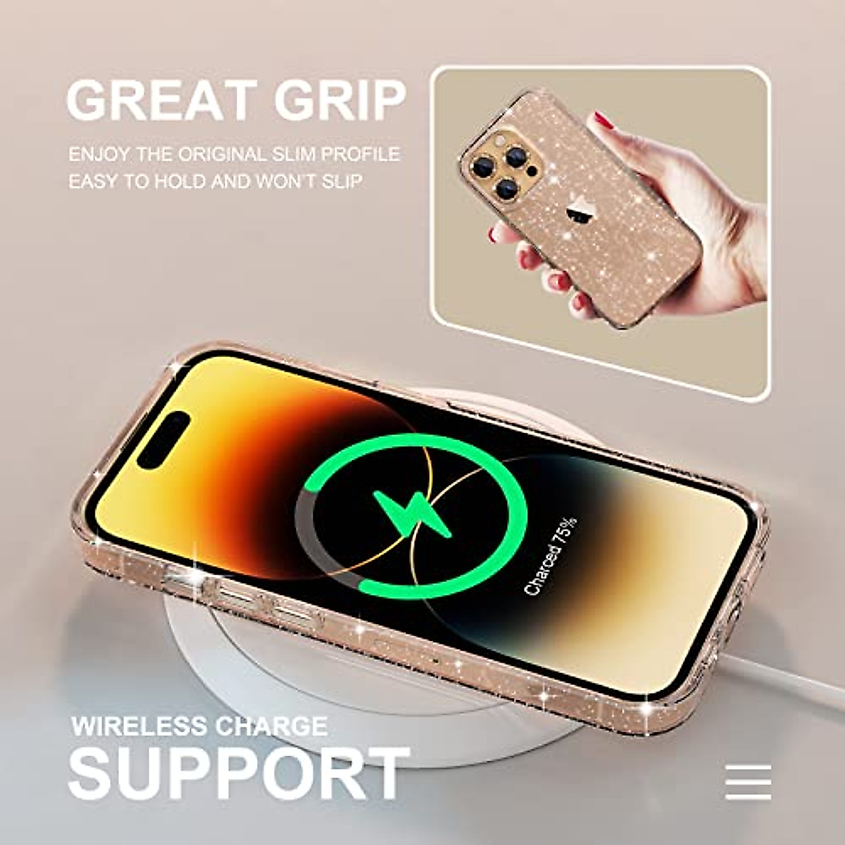 Choiche Compatible for iPhone 14 Pro Case Cute, Women Clear Glitter Bling Sparkly Case, [3 x Diamond Camera Lens Protectors] [2 x Tempered Glass Screen Protectors] 6.1-inch (Glitter Gold)