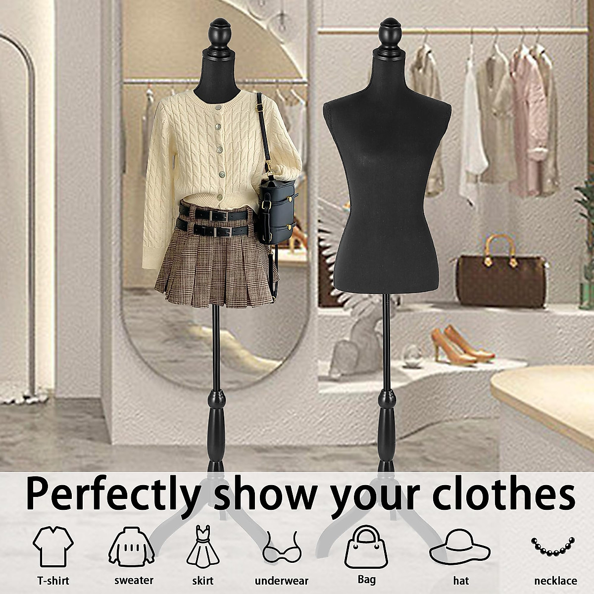 DRDINGRUI Female Mannequin Torso with Stand, Height Adjustable from 52'' to 67'' Dress Form with Tripod Base for Dress Jewelry Display
