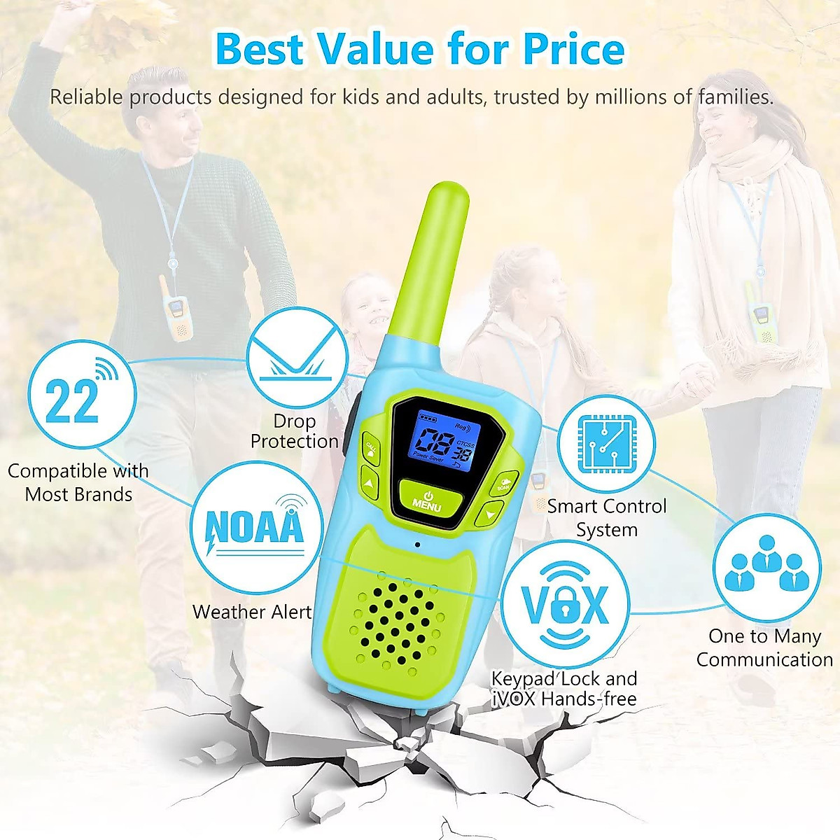 Topsung Walkie Talkies for Kids Adults Long Range Rechargeable 2 Pack, USB Walkie Talkies for Teen Girls Boys Age 3-12, NOAA 2 Way Radio Walkie Talkies for Family Camping Hiking Boating Fishing