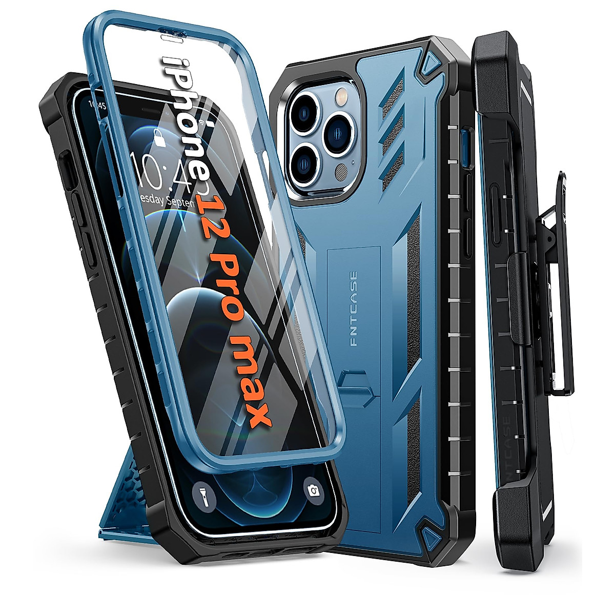 FNTCASE for iPhone 12 Pro Max Case: with Belt-Clip Holster & Built-in Screen Protector & Kickstand, Full-Body Dual Layer Rugged Military Grade Shockproof Protective Cell Phone Cover 6.7 inch-Blue