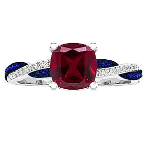 Dazzlingrock Collection 6 MM Cushion Lab Created Ruby with Round Blue Sapphire & Diamond Women Engagement Ring | 14K White Gold, Size 8.5