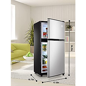 KRIB BLING Mini Fridge With Freezer,3.5 Cu. Ft Compact Refrigerator With 2 Doors,7- Level Adjustable Thermostat, Removable Glass Shelves For Bedroom, Office, Kitchen, Apartment, Dorm, Silver