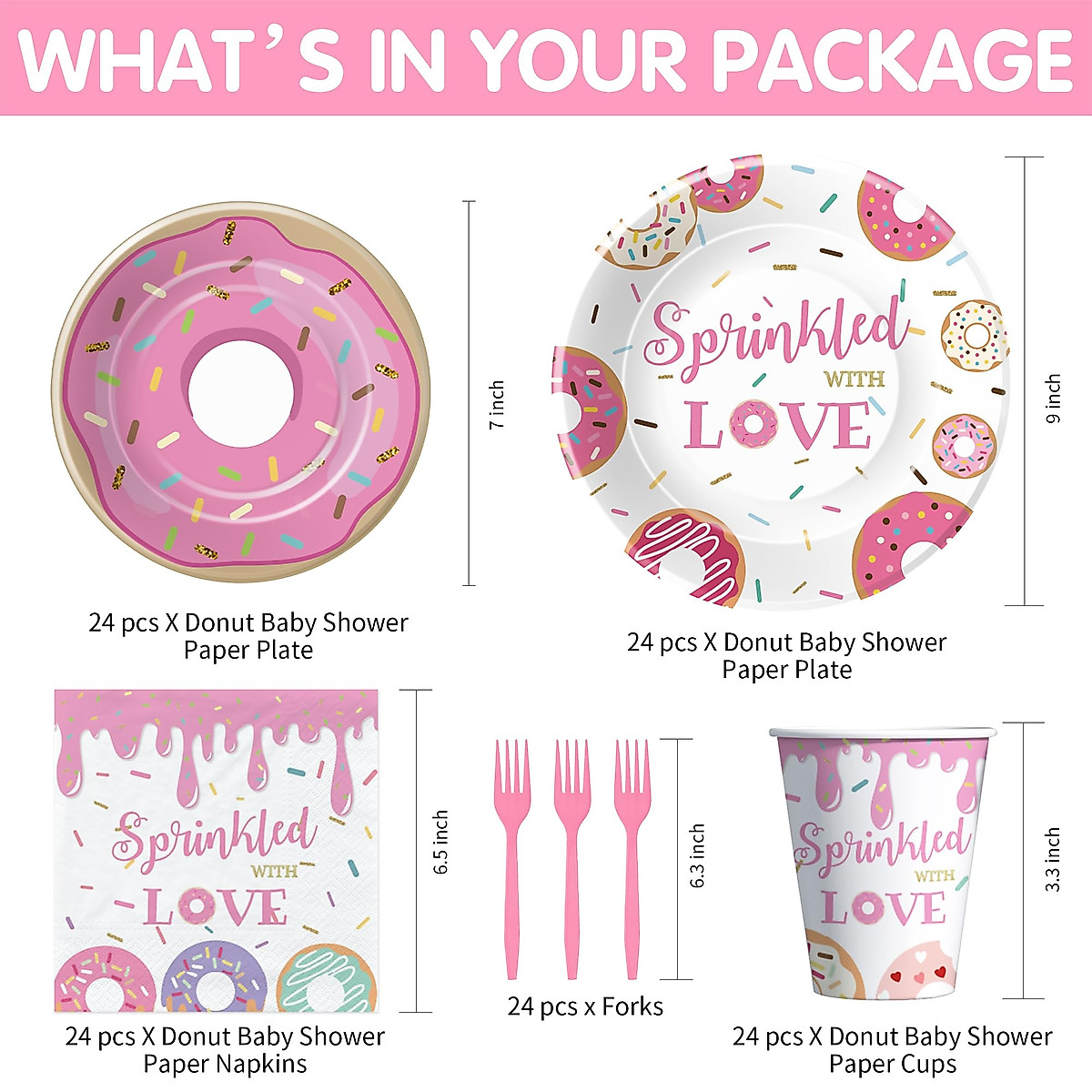 Suhelkit Donut Baby Sprinkle Decorations Tableware Girl - Sprinkled with Love Baby Shower Decorations Party Supplies, Paper Plate, Napkin, Cup, Fork, Pink Donut Baby Shower Decorations | 24 Guests