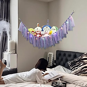 YELIENM Stuffed Animals Net or Hammock with LED Light, 59 inch Toy Hammock Net for Stuffed Animals Corner Hanging Stuffed Animal Storage Stuffed Animal Holder for Nursery Kids Bedroom (Purple)…