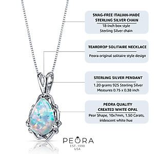 PEORA Created White Fire Opal Pendant Necklace 925 Sterling Silver, Solitaire Teardrop, 1.50 Carats Pear Shape 10x7mm with 18 inch Chain