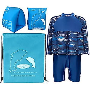 Lemandii UPF 50+ Sun Protection Long Sleeve Float Swim Suit for Kids Boys One-Piece with Adjustable Buoyancy Back Zippers for 1-10 Years Babies (Blue, Height:35.4''-39.4''/Weight:26.4lb-33lb)