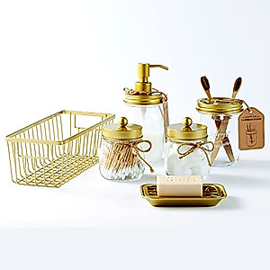 Premium Mason Jar Bathroom Accessories Set (6PCS) - Lotion Soap Dispenser,Toothbrush Holder,2 Apothecary Jars, Soap Dish Tray,Storage Organizer Basket Bin - Rustic Farmhouse Home Decor (Gold)