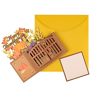 Giiffu Thanksgiving 3D Pop Up Card, Fall Greeting Card, Autumn Blessings Thank You Card, Handmade, Brown, Tan, Gold Pearlescent Envelope