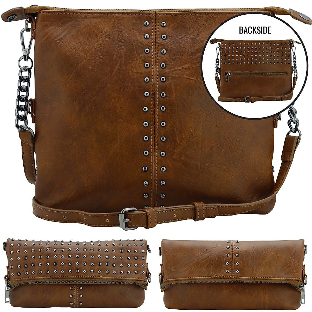 K&Bo Stevie Women’s Studded Chain Crossbody Handbag Purse Brown, Rocker Chic Boho Medium, Converts to Clutch Bag, Lightweight