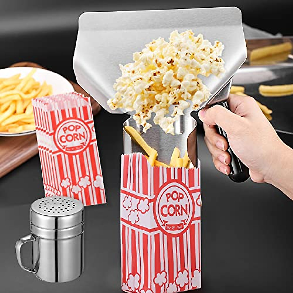 202 PCS Popcorn Machine Supplies Set - Aluminum Popcorn Scoop and Salt Shaker with Handle - 1 Oz Popcorn Bags Bulk (200 Count) for Theater Tools Supplies