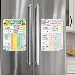 Magnetic Dry Erase Chore Chart for Two Kids, Reward Chart for Kids Behavior. Includes 52 Static Tasks, 126 Golden Stars and Dinosaur & Unicorn Magnetic Charts Each