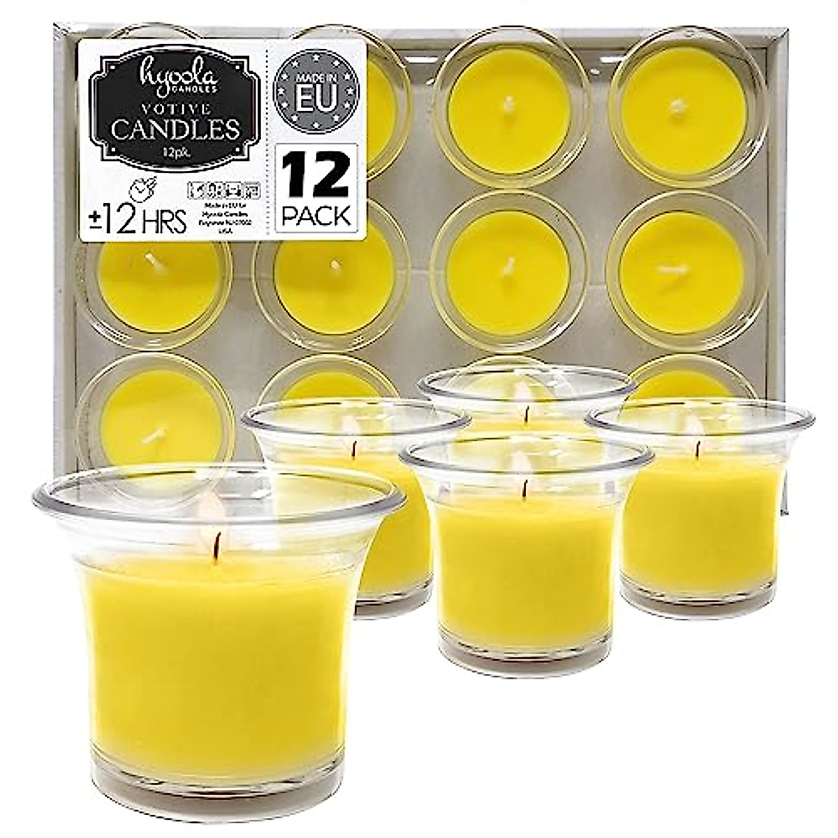 HYOOLA Clear Cup Filled Citronella Votive Candles - 12 Hour Burn Time - 12-Pack, Ideal Bug Repellent Candles, European Made