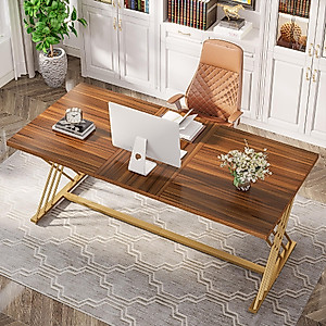 Tribesigns 63" x 31.5" Large Computer Desk, Modern Wood Home Office Desk, Computer Table Executive Desk, Study Writing Table Workstation for Living Room Bedroom Office, Brown + Gold Metal Frame